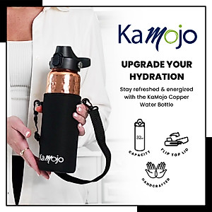 Copper Water Bottle for Drinking - Hammered Pure Copper Water Bottle with Push Button Lid, Removable Sleeve & Copper Straw - Handcrafted Water Bottle Copper Cup 32 fl oz