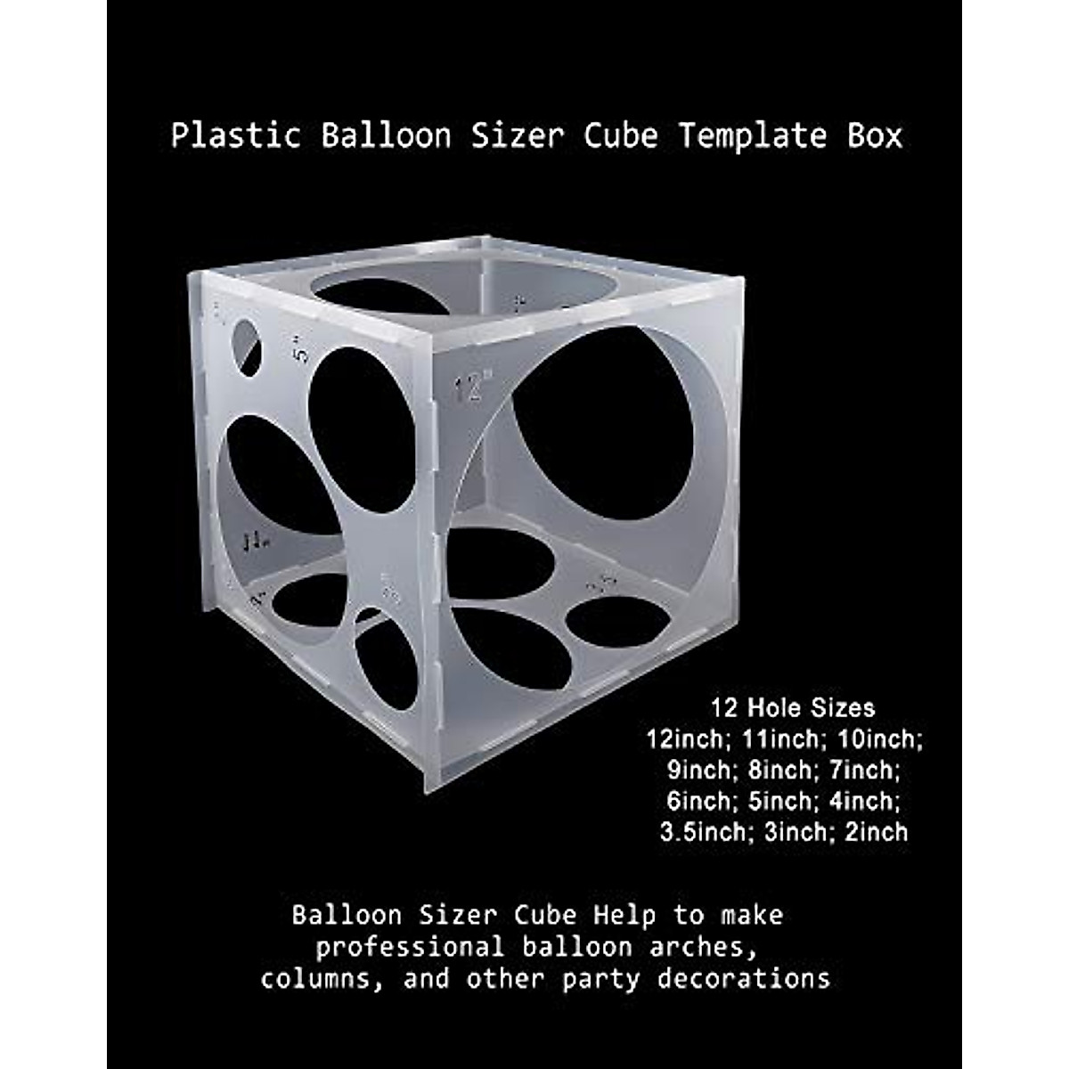 Auihiay 12 Holes Balloon Sizer Cube Box Collapsible Plastic Box Measurement Tool for Party Birthday Wedding Balloon Decorations Creating Balloon Arch Columns(2-12 Inch)