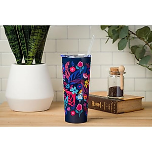 Silver Buffalo Disney Alice in Wonderland Floral Pattern Double Walled Stainless Steel Tumbler with Straw, 22 Ounces, Multicolor