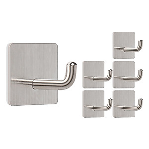Livabber Adhesive Towel Hooks, 304 Stainless Steel Self Sticky Wall Hooks Waterproof Shower Hooks for Robe/Clothes, No Drilling Towel Hangers for Bathroom Kitchen Bedroom, 6 Packs（Brushed Nickel）
