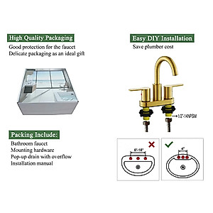 TimeArrow Brushed Gold 2 Handle Centerset Bathroom Sink Faucet with Drain Assembly, High Arc Modern 4 Inch Bathroom Vanity Lavatory Faucet 3 Holes with Brass 360° Swivel Spout, TAF067E-PB