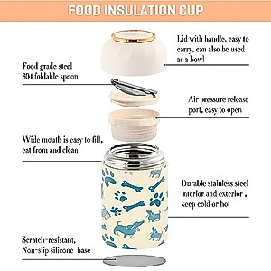 CUPADA Cute Dachshund Puppy Food Jar for Hot and Cold, Paw Prints Bones Insulated Food Jars Vacuum 17OZ with Folding Spoon for Work Trip Picnic Camping