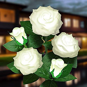YWYWLED Solar Flower Lights Outdoor - Upgraded New Material Two Modes Realistic LED Solar Powered Waterproof Lights with 5 Roses, Solar Decorative Stake Lights for Garden (White, 1 Pack)