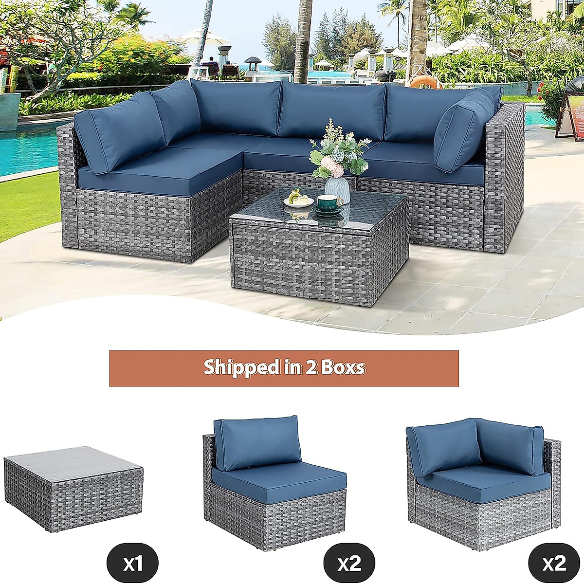 Walsunny Patio Furniture Set, 5 Pieces Outdoor Sectional Sofa Wicker Conversation Sets with Tea Table and Patio Couch Cushions(Aegean Blue)