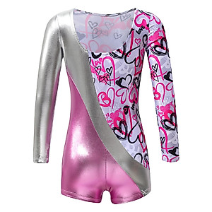 Hansber Metallic Biketard for Kids Girls Long Sleeve U Neck Shorty Leotard Gymnastics Tumebling Top Pink 12 Years