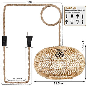 Plug in Pendant Light Rattan Hanging Lights with Plug in Cord, 15 FT Hemp Rope Cord Pendant Lamp Bamboo Lampshade, Farmhouse Industrial Boho Plug In Ceiling Light Fixture For Living Room Bedroom
