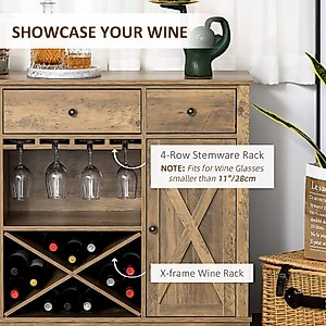 HOMCOM Farmhouse Coffee Bar Cabinet, Wine Cabinet with 3 Drawers, Sideboard Buffet Cabinet with X-Shaped Wine Rack and Stemware Holder, Rustic Oak Grain