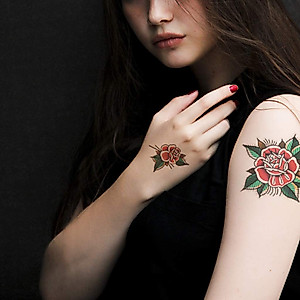 CARGEN Classic Temporary Tattoos - Traditional Old School Vintage Stickers Sailor Jerry Flower Rose Ladyface Swallow Butterfly Sword Eye Globe Crown Anchor Temporary Tattoo Fake Tattoo Great for Arm