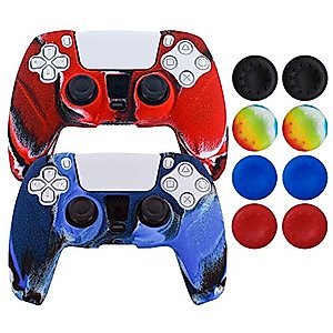 PS5 Controller Skin,Hikfly Silicone Cover for Sony PlayStation5 Controller Grip Skin Protector Faceplates Kits Video Games(2X Cover with 8 x Thumb Grips Caps)(CamoRed,CamoBlue)