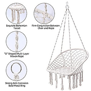 Hammock Chair, Ohuhu Max 330 LB Hanging Chairs with Durable Hanging Hardware Kit, Indoor & Outdoor Use Hammock Chair Macrame Swing, Cotton Rope Handmade Knitted Mesh for Bedroom, Patio, Yard, Garden