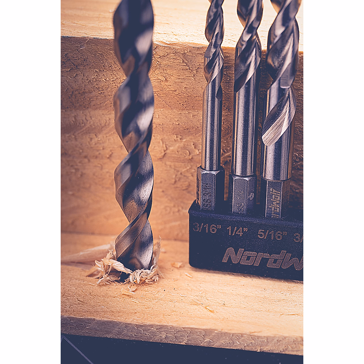 NordWolf 5-Piece HSS Brad Point Wood Drill Bit Set with 1/4" Hex Shank for Carpenter Woodworking, SAE Sizes 3/16"-1/4"-5/16"-3/8"-1/2"