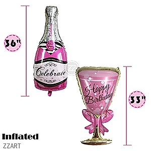 2 Pcs Happy Birthday Champagne Bottle and Goblet Wine Glass Large Mylar Foil Balloons 36in, Pink pop Decoration for Party, ceremony, camping, Anniversary Graduation（Z14）
