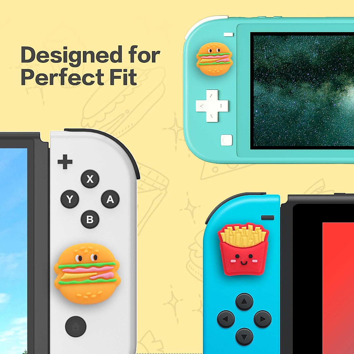 NANANINO Silicone Joycon Thumb Grip Caps, Soft Joystick Cover Caps Compatible with Nintendo Switch/OLED/Switch Lite, 4PCS - Burger and French Fries Styling