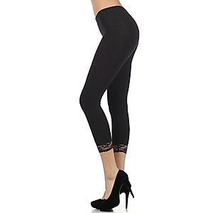 Sakkas 440060 Cotton Blend Lace Trim Stretch Capri Leggings - Made in USA - Black - S