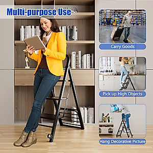 Goplus 2 in 1 Convertible Hand Truck Dolly and Step Ladder, Foldable 3-Step Stool w/Non-Slip Wide Pedals, Household Cart Ladder w/ 2 Wheels, Heavy-Duty 550lbs Capacity Utility Cart w/Ladder, Black