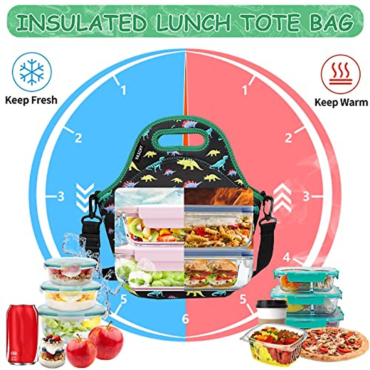 VASCHY Lunch Bag for Children, Neoprene Insulated Lunch Box Bag Tote with Detachable Adjustable Shoulder Strap in Cute Dinosaur