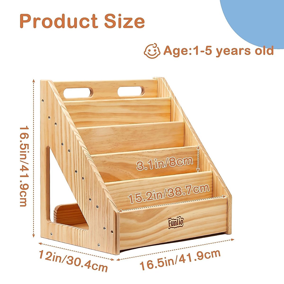 FUNLIO Montessori Bookshelf for Toddlers 1-5 Years, Front-Facing Kids Bookshelf with Handle & Anti-Tilting Device, Premium Pine Baby Bookshelf, Children's Bookcase for Nursery/Classroom, CPC Certified
