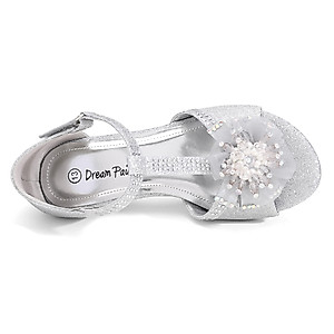 DREAM PAIRS Girls Low Heel Dress Pump Sandal Ankle T Strap Flower Silver - 2 Little Kid