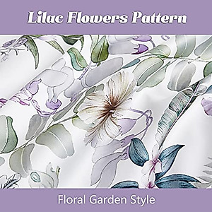 Purple Duvet Cover Set Floral Garden Style King 3 Pieces Bedding Set, Ultra Soft Green Leaves Botanical Flowers Pattern Lavender Reversible Farmhouse 1 Comforter Cover + 2 Pillowshams(No Comforter)