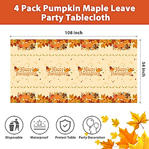 4 Pack Thanksgiving Fall Tablecloths, Pumpkin Maple Leaves Table Cloth Disposable Plastic Autumn Harvest Thanksgiving Table Cover for Dinner Kitchen Party Holiday Decorations, 54” x 108” Rectangle