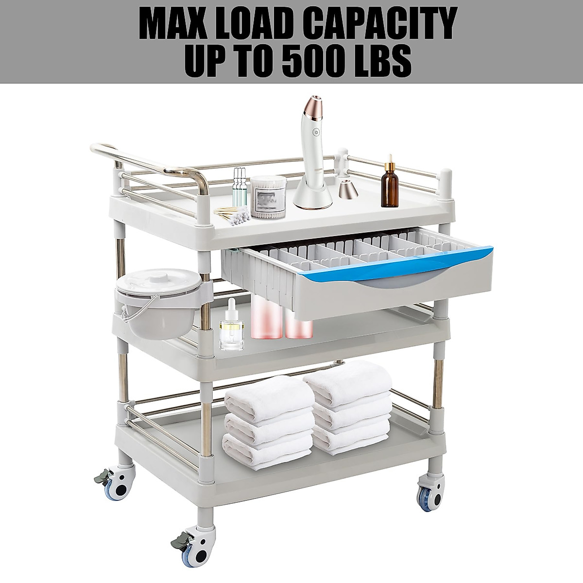 biosp Medical Trolley 3 Tier 500 LBS Heavy Duty Professional Utility Cart Beauty Salon Rolling Trolley with Swivel Casters, Dirt Bucket & Drawer for Hospital Dental Clinic, 38.58'' x 24.41'' x 16.34''