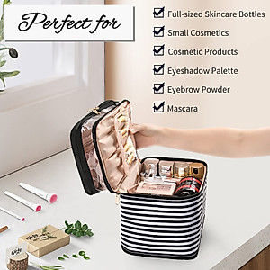 OCHEAL Large Makeup Bag, Double Layer Makeup Bag, Vertical Storage Cosmetic Case for Women/Girls with Multiple Compartments-Black and White Stripes