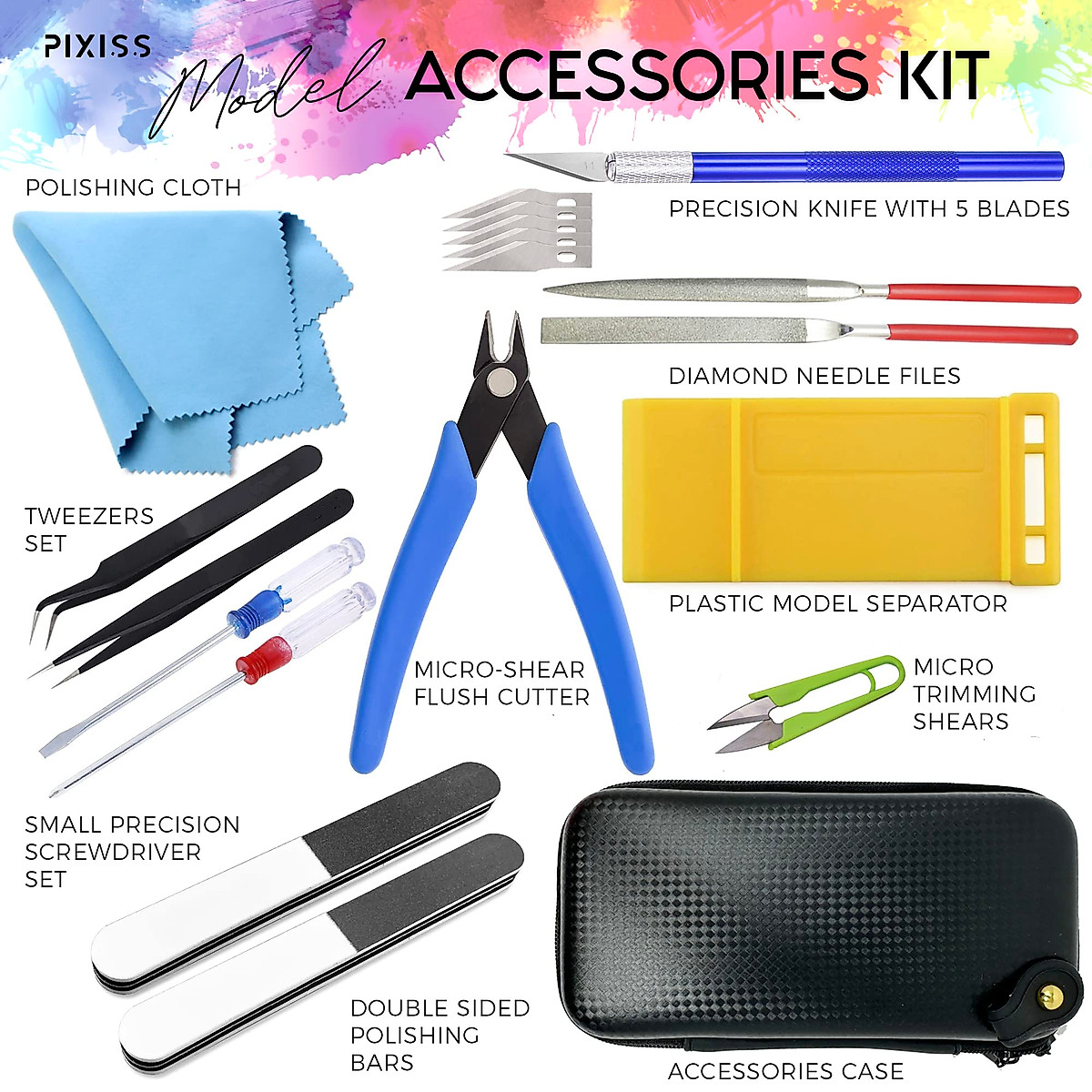 Pixiss Model Paint Storage Case (Holds 30 Bottles) and Model Making Accessory Kit - Travel Case for Testors Paints - Customizable Foam Insert - Hobby Craft Tools - Includes Precision Tweezers, Nippers