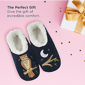 Snoozies Pairable Slipper Socks - Funny House Slippers for Women, Non-Slip Fuzzy Slipper Socks - Up Owl Night- Medium