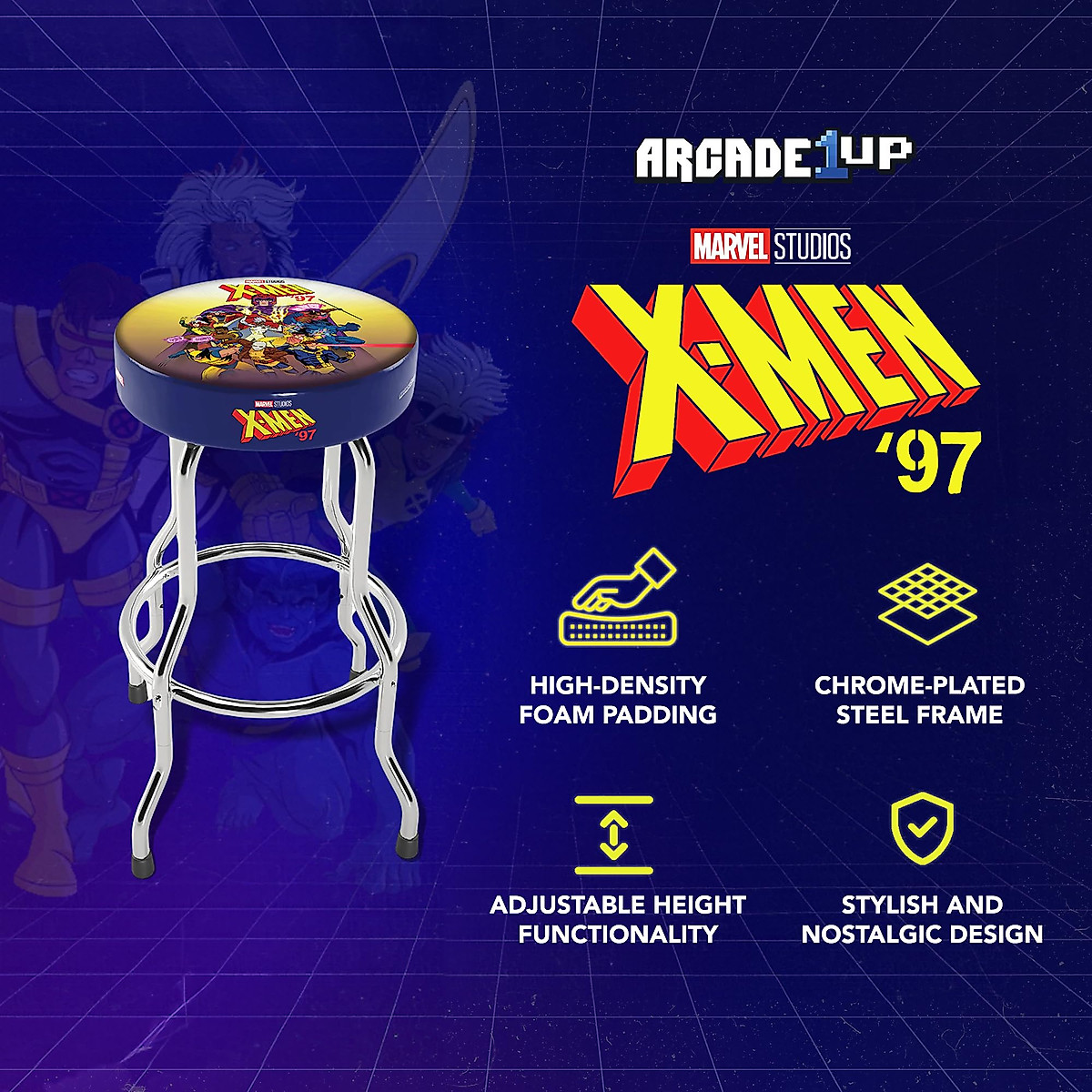 ARCADE1UP Adjustable Video Game Stool with Leg Extenders, X-Men -97