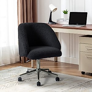 HULALA HOME Sherpa Home Office Desk Chair, Comfy Upholstered Adjustable Height Task Chair, Lamb Fleece Vanity Chair for Bedroom, Study Room, Black