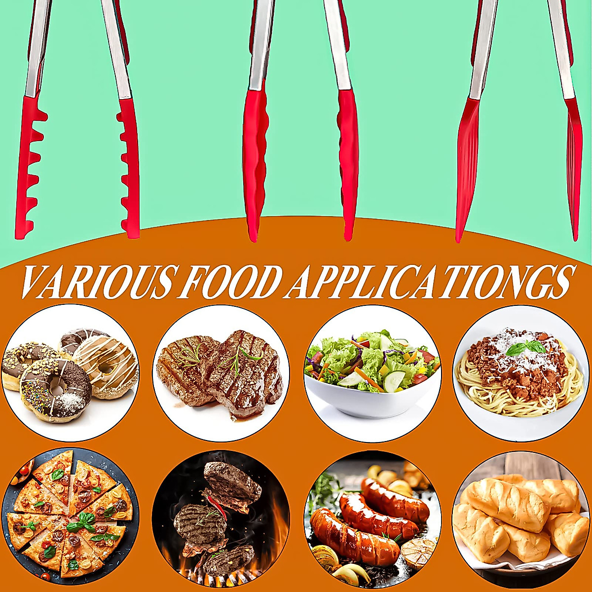 HST 3 Pack Kitchen Tongs, Non Stick Stainless Steel 9 Inch Tongs With Silicone Tip for Cooking BBQ Baking(Red)