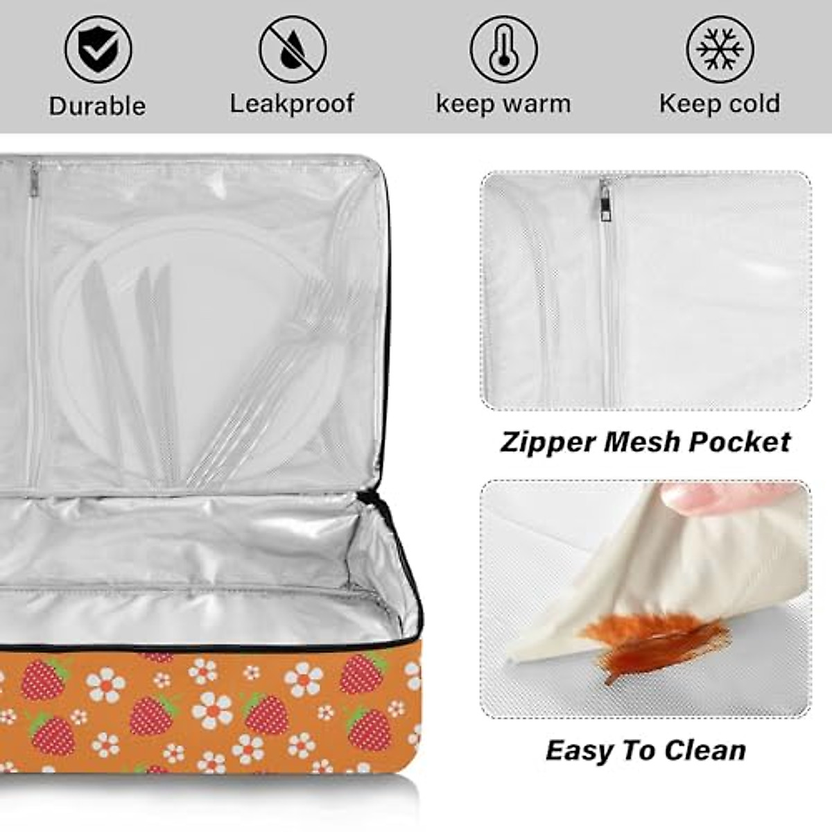 Kcldeci Insulated Thermal Food Carrier Insulated Casserole Carrier for Hot or Cold Food,Flowers and Strawberries on Orange Insulated Tote Bag for Potluck Cookouts Parties Picnic,Lasagna Lugger