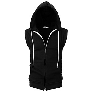 Ohoo Mens Slim Fit Sleeveless Lightweight Zip-up Hooded Vest 2 Way Zipper Hoodie Sweatshirt / DCF011-BLACK-L