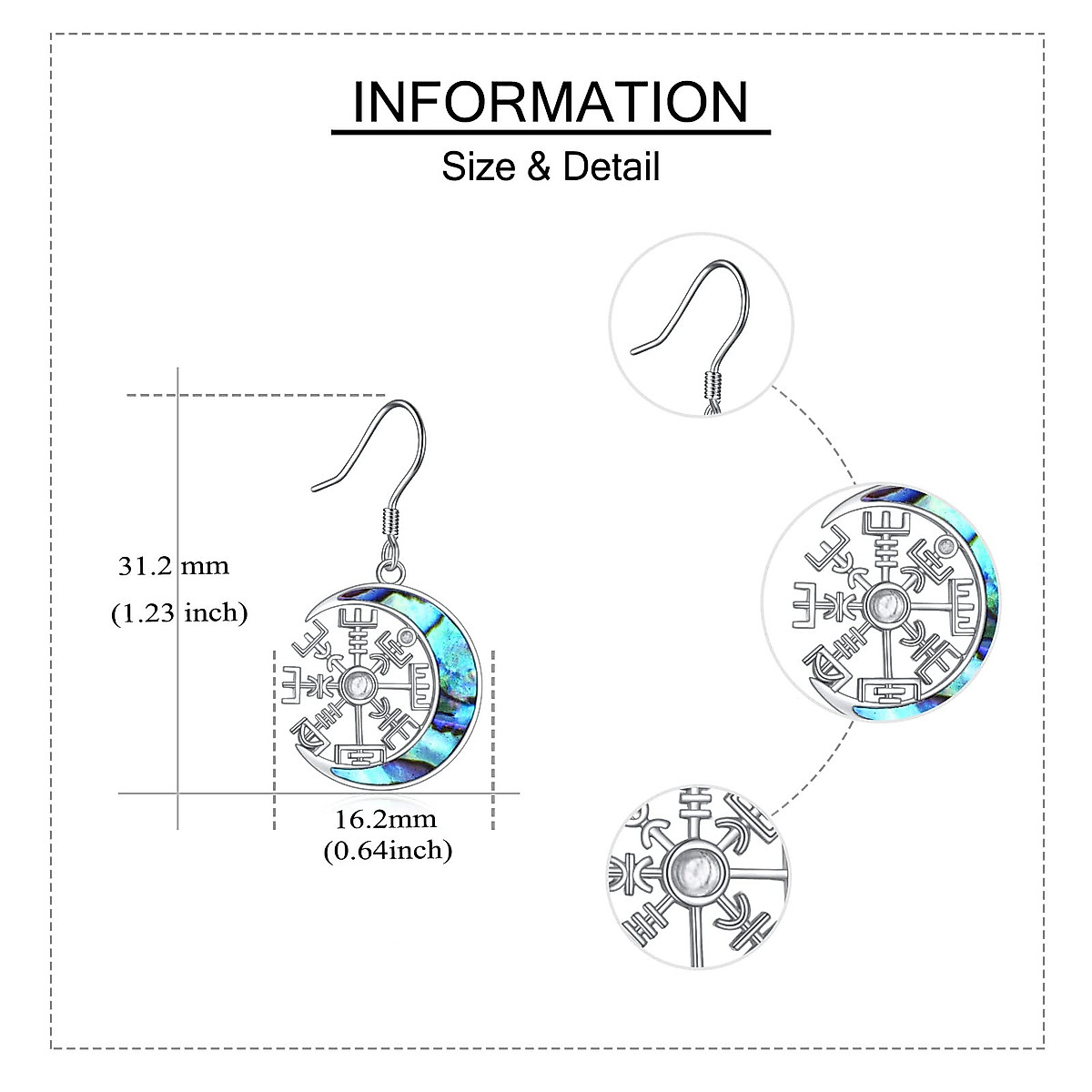 Viking Compass Earrings Sterling Silver Abalone Shell Moon Compass dangle Drop Earrings for Women Norse Earrings Gifts for Nordic Pagan