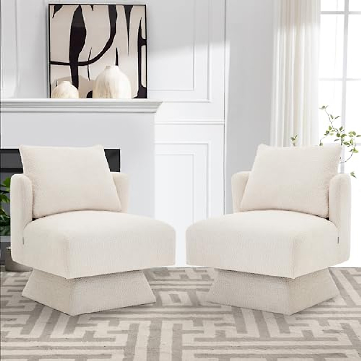 HOMEFUN Swivel Barrel Chair Set of 2, 360 Degree Modern Wide Upholstered Swivel Accent Chair with Curved Back and Pillows - Comfy Soft Chenille for Nursery, Living Room, Bedroom, Beige