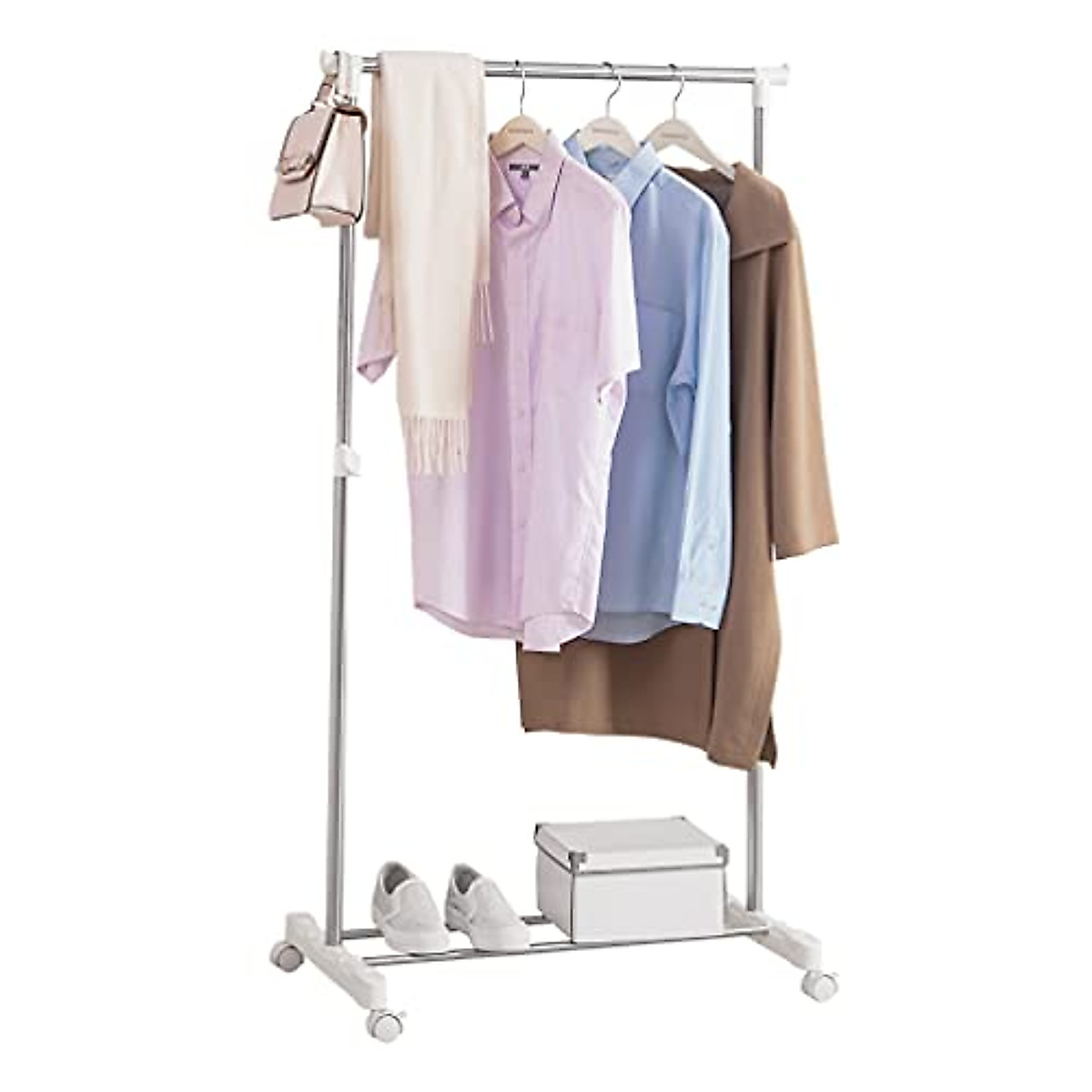BAOYOUNI Single Rod Clothing Garment Rack on Wheels Metal Rolling Clothes Display Hanging Rail Coat Stand Storage Holder Organizer, Height Adjustable (Ivory)