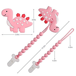 Baby Teething Toys for Babies 3-6 6-12 Months, Dinosaur Teether Pain Relief Toy with One Piece Design Pacifier Clip Holder Set, Freezer Safe Neutral Shower Gift for Boys and Girls (Pink)