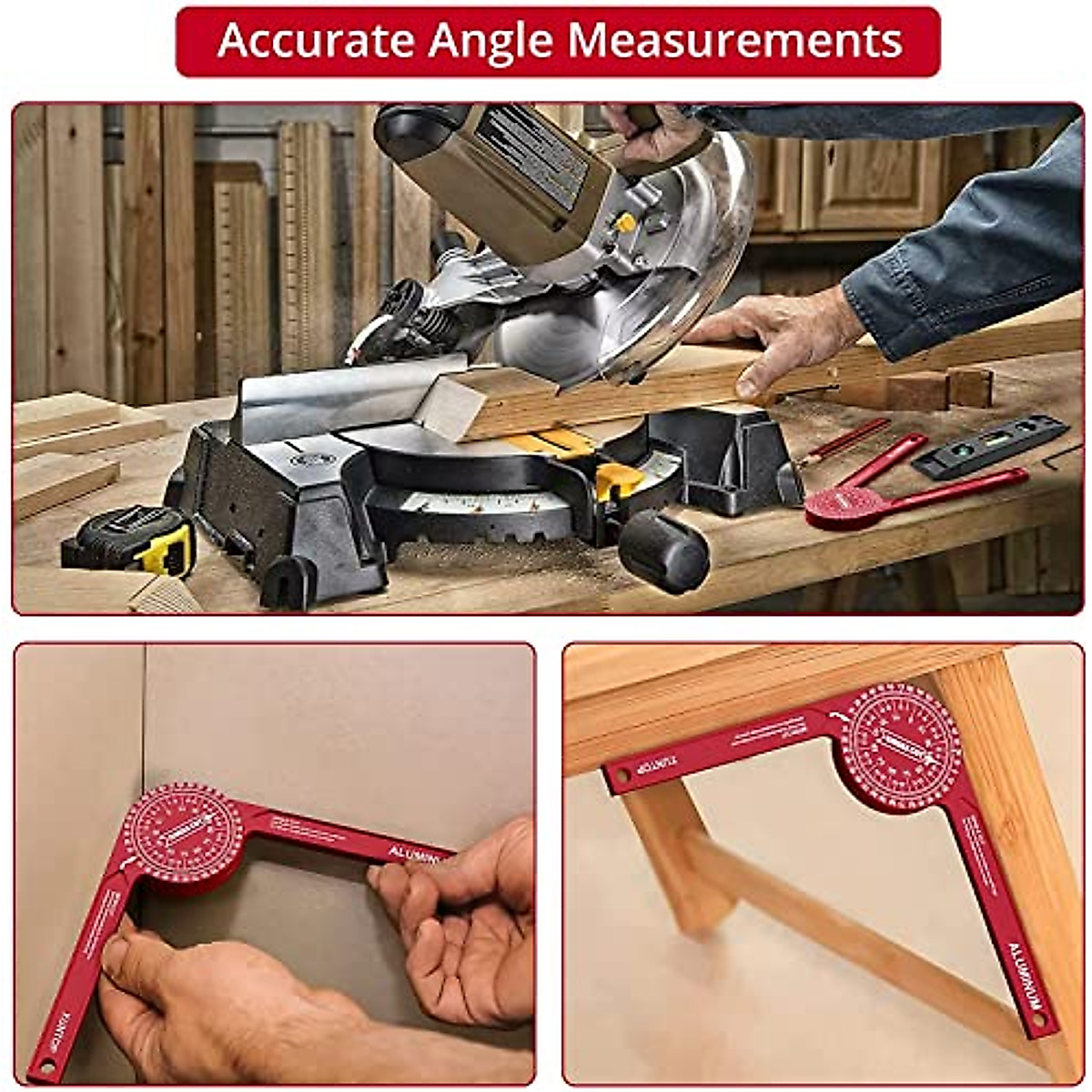 Miter Saw Protractor, XUNTOP 7-Inch Aluminum Miter Protractor with Mini Level Gauge Rust Proof Angle Finder Featuring Precision Laser Engraved Scales for Carpentry, Crown Molding, Baseboard, DIY-Red