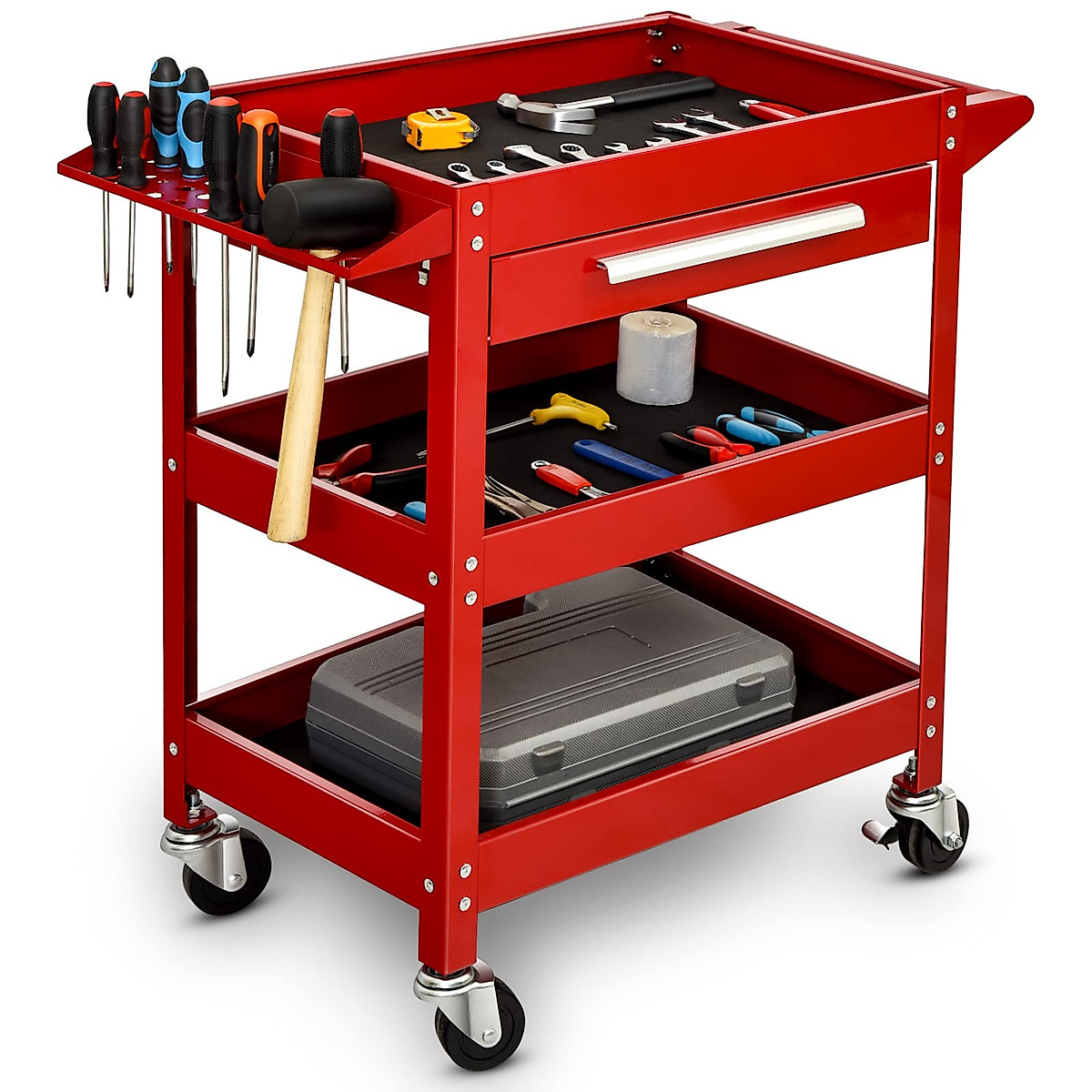 ERGOMASTER Metal Service Utility Cart with Wheels - 500LBS Tool Cart Heavy Duty Rolling 3-Tier Storage Organizer, for Garage Industrial Cart (Red)