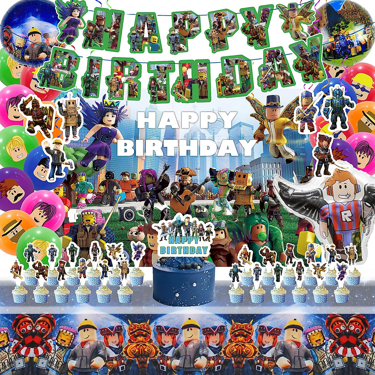 Birthday Party Supplies, Party Decorations Include Happy Birthday Banner, Backdrop, Tableware Set, Tablecloth, Cake Toppers, Cupcake Toppers, Latex Balloons, Hanging Swirls