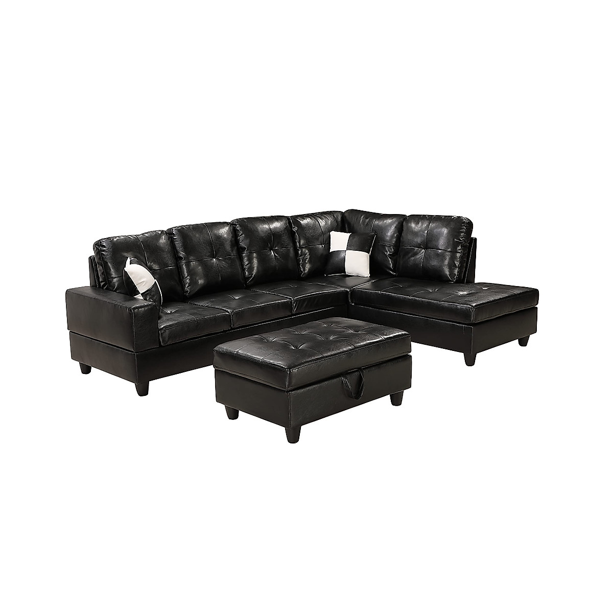 GINGVAT Black Faux Leather Sectional Sofa Living Room Furniture Set, L-Shape Couch with Right Chaise, Storage Ottoman, and 2 Pillows