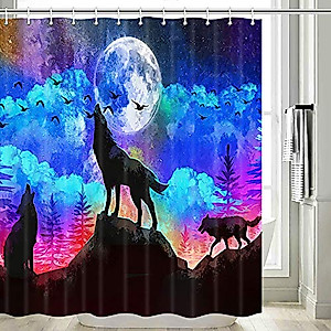 DYNH Fantasy Wolf Bathroom Sets with Shower Curtain and Rugs and Accessories, Wolves on The Mountain and Full Moon and Forest Psychedelic Shower Curtain Sets with Rugs, Toilet Lid Cover and Bath Mat