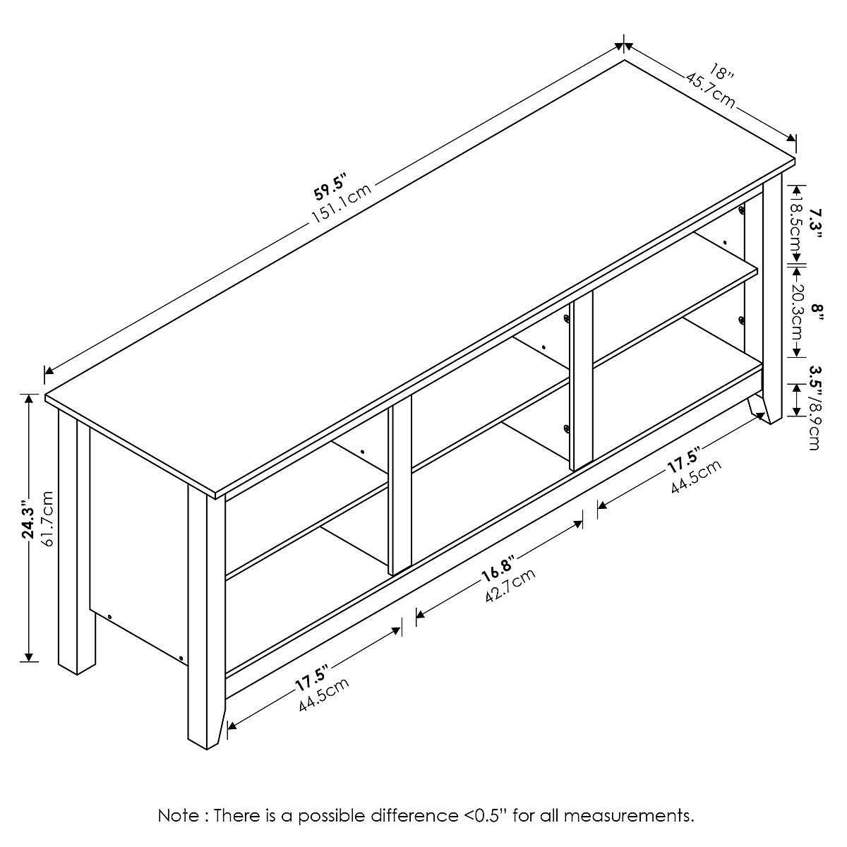 FURINNO Jensen TV Stand with Shelf, French Oak Grey, 65-Inch