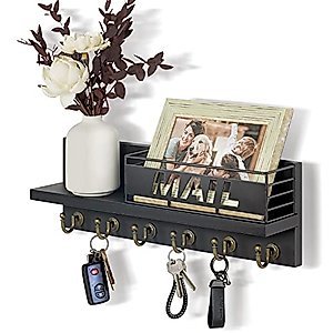 rorecay Key and Mail Holder for Wall: Easy Install Rustic Key Hooks for Wall with Measured Template, Wooden Key Rack with Metal Mail Slot for House Entryway Decor, Black