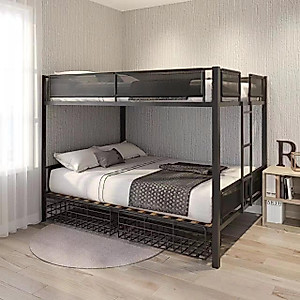 DNYN Queen Over Queen Bunk Bed with Storage Drawers & Wood Slat Support & Ladder & Safety Rails for Kids/Adults,Space Saving Design & No Box Spring Needed,Perfect for Dorm,Bedroom,Guest Room, Black