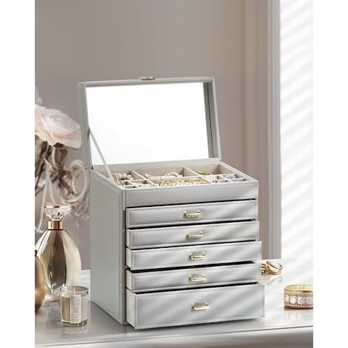Vlando 6 Tier Large Jewelry Box for Women - Big Jewelry Organizer with Mirror, Jewelry Box Organizer for Drawer Necklace Ring Bracelet and Watch, Gift for Loved Ones Gray