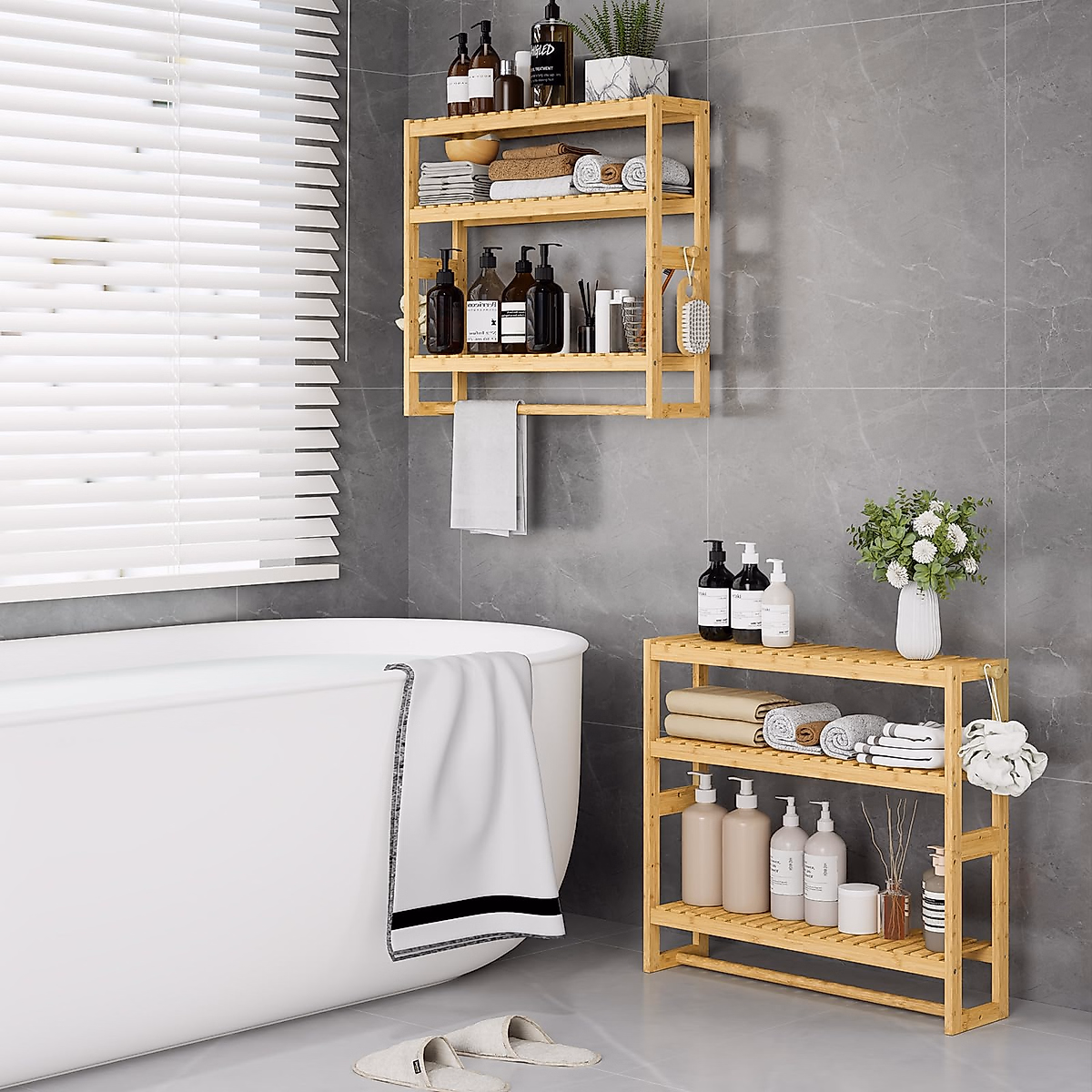 Bathroom Shelf Storage Organizer,5.9''D*23.6''W*21.2''H,Floating Wall Mount 3-Tier Adjustable Layer Bamboo Kitchen Organizer with Bar, Standing Shelf Units, Towel Rack Hanging Rod for Bathroom(Beige)