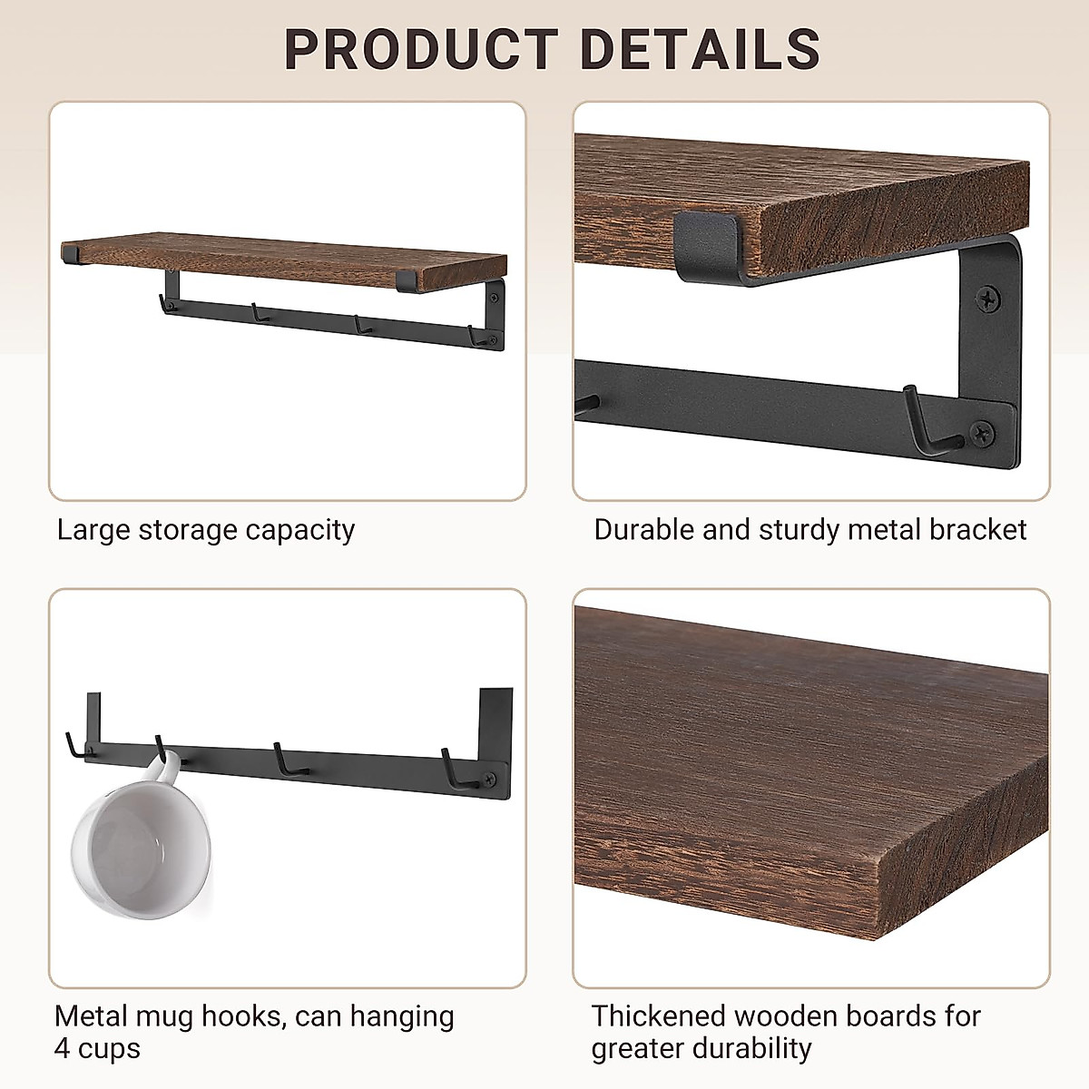 Dahey Mug Holder Wall Mounted Mug Rack with Hooks, Set of 2, Storage Rustic Floating Shelf Coffee Bar Accessories Wood Coffee Cup Hanger for Organizing Cooking Utensil Home Kitchen Decor, Brown