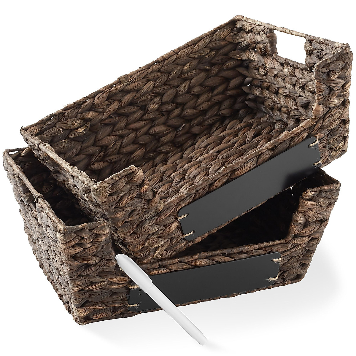 Casafield Set of 2 Water Hyacinth Pantry Baskets with Handles, Chalkboard Labels, and Marker - Espresso, Wide Woven Storage Bin Organizers for Kitchen Shelves