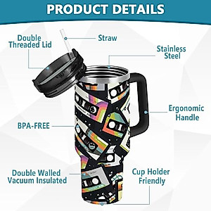 Exnundod Retro Vintage Cassette Tapes Tumbler with Handle 40oz and Straw Insulated Tumblers Leak-proof Water Bottle for Car Travel